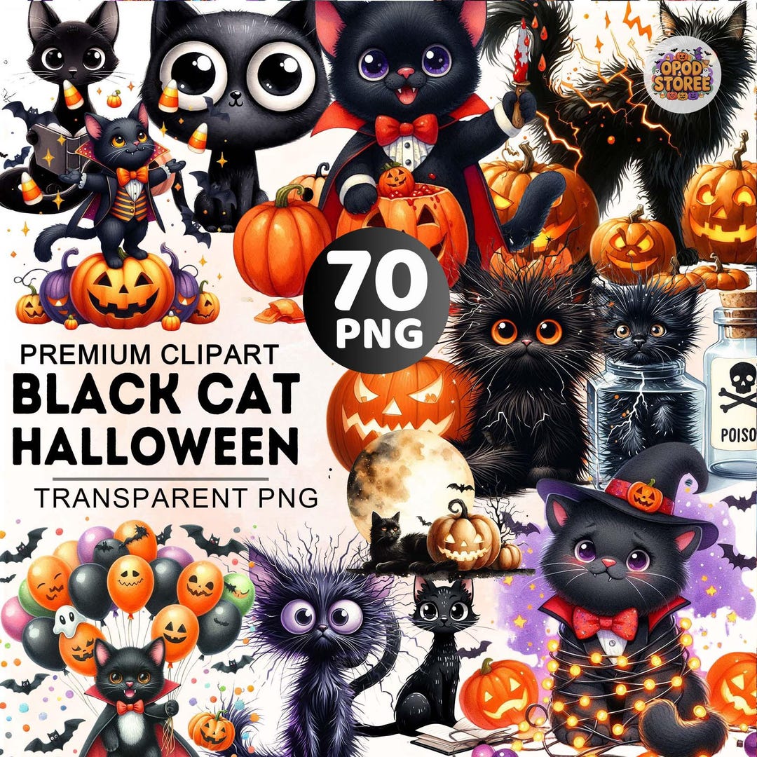 70+ Cute Halloween Clipart Bundle, Funny Cats Png, Watercolor Black Cat ...