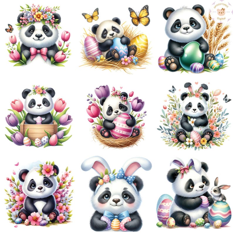 Watercolor Cute Easter Panda Clipart Bundle PNG, 20 PNG Cute Baby Panda ...