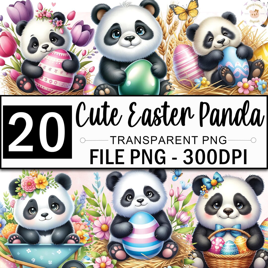Watercolor Cute Easter Panda Clipart Bundle PNG, 20 PNG Cute Baby Panda ...