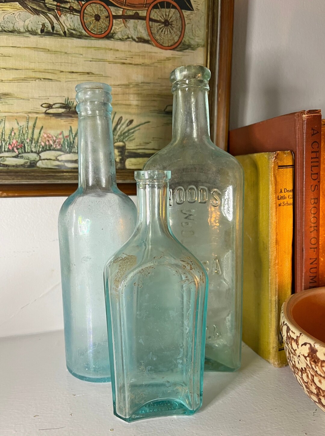 Collection of 3 Antique Aqua Glass Bottles, Aqua Glass Bottle Setnof 3 ...