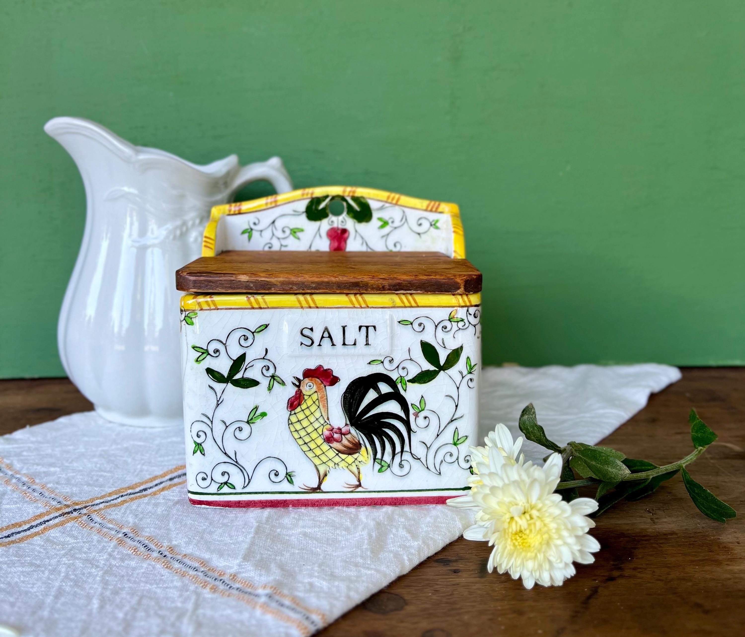 Provincial Salt Box With Rooster and Roses Ceramic Salt Box With Wooden ...