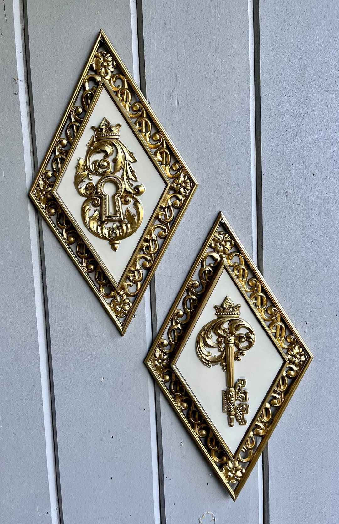 Vintage Lock and Key Wall Plaques by Dart Industries, MCM Gold Wall ...