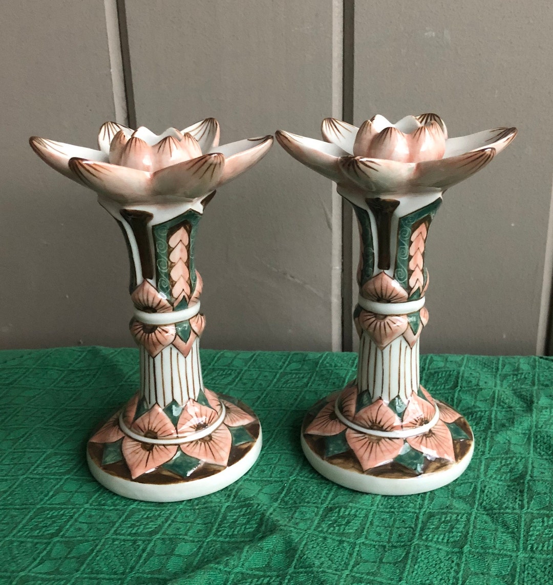 Vintage Lotus Flower Ceramic Candlesticks, Pink and Green Lotus Flower ...