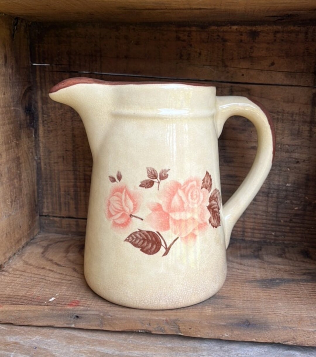 Vintage Pitcher With Painted Rose Old Yelloware Stoneware Pitcher Jug ...