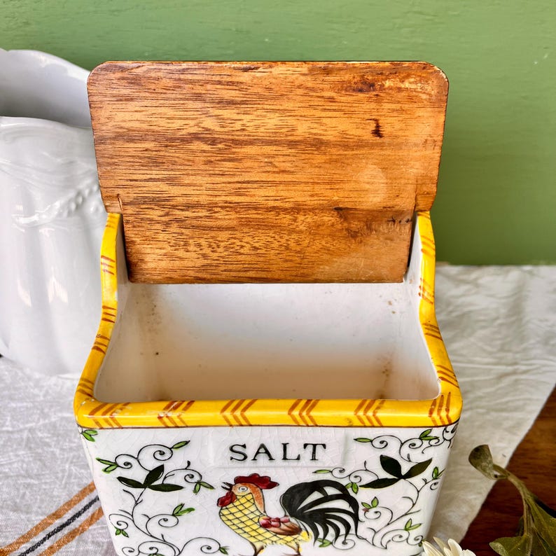 Provincial Salt Box With Rooster and Roses Ceramic Salt Box With Wooden ...