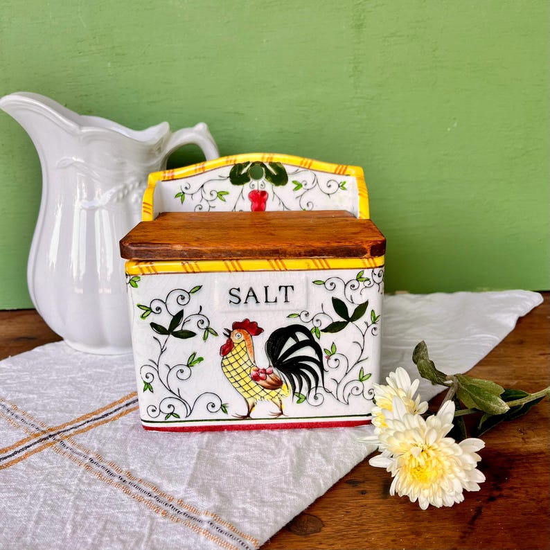 Provincial Salt Box With Rooster and Roses Ceramic Salt Box With Wooden ...