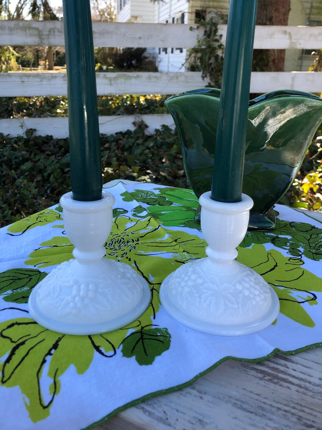 Vintage Milk Glass Candlesticks in Leaves and Grapes Pattern Pair of ...