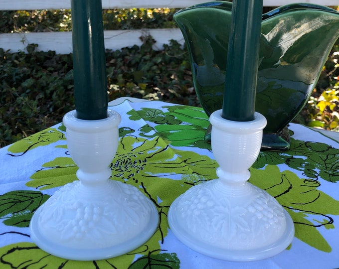 Vintage Milk Glass Candlesticks in Leaves and Grapes Pattern Pair of ...