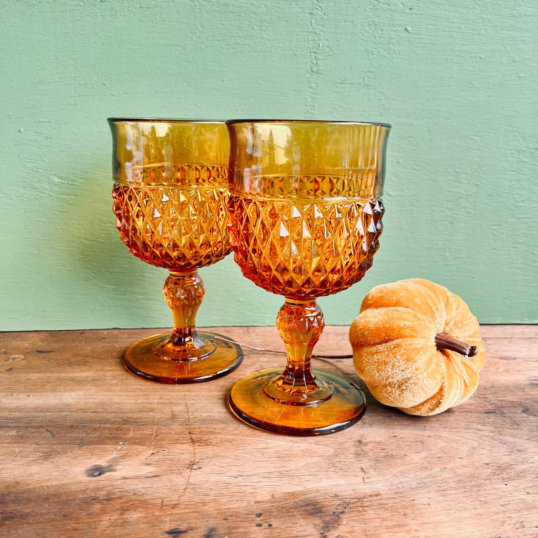 Vintage Pair Amber Glass Goblets Diamond Point by Indiana Glass Amber ...