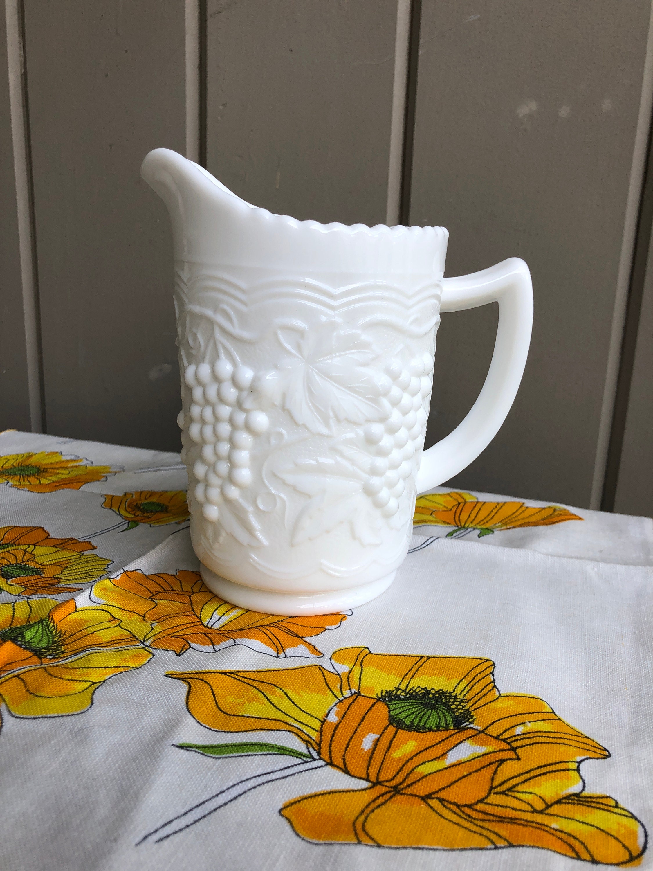 Vintage Milk Glass Pitcher Leaves and Grapes Milk Glass Vintage Decor ...