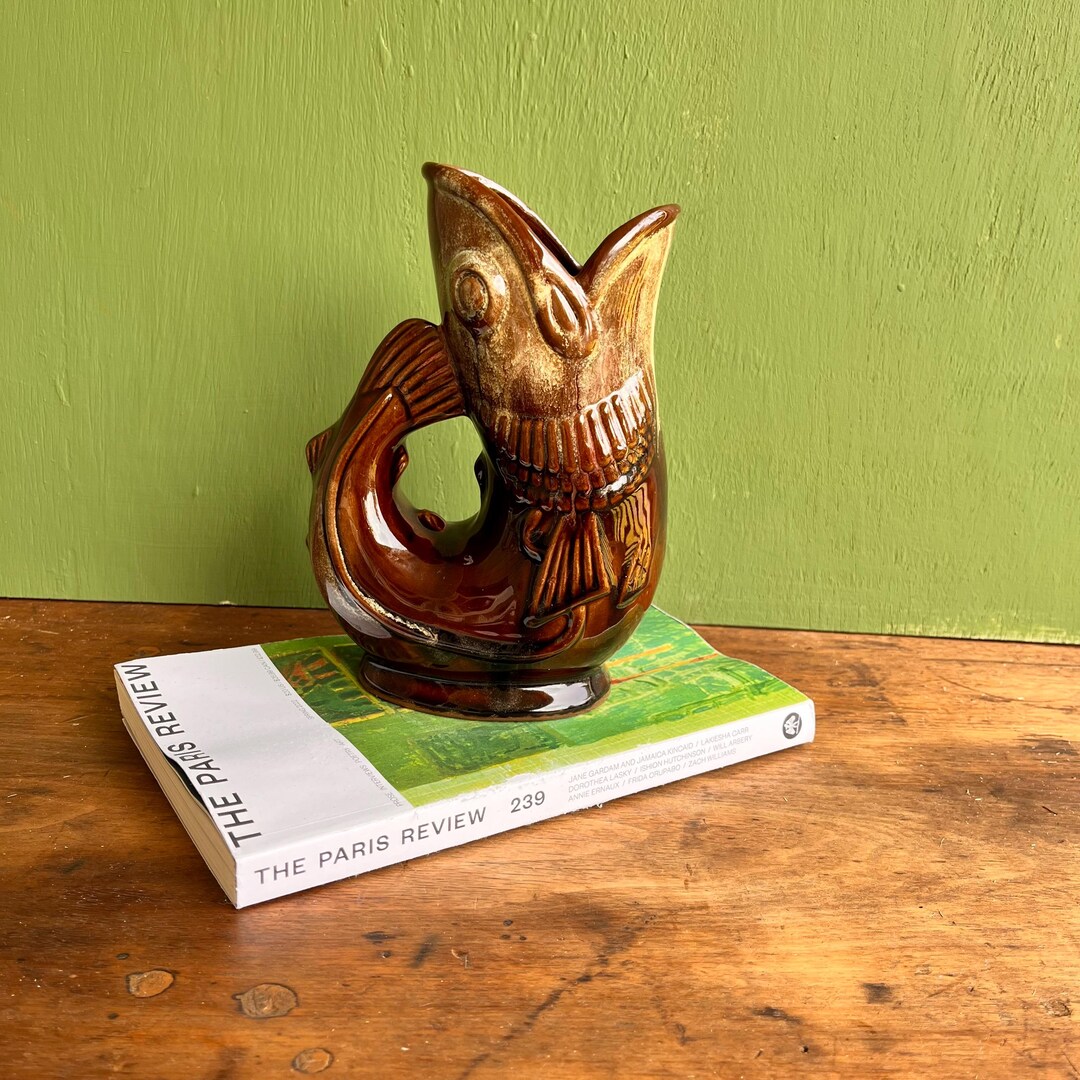 Vintage Brown Drip Glaze Gluggle Glug Fish Jug Brown Open Mouth Fish ...