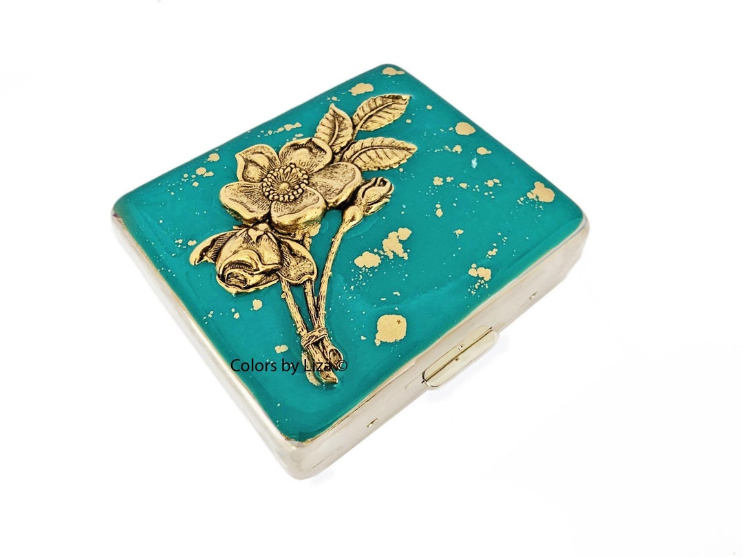 Art Nouveau Floral Pill Box: Teal & Gold Enamel, Personalized - Etsy