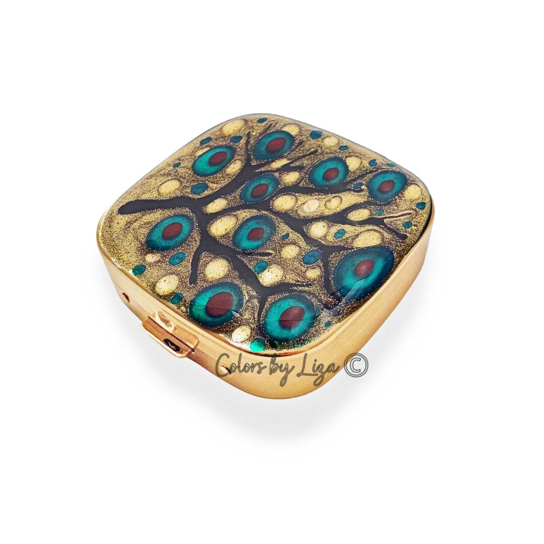 Hand Painted Enamel Pill Box: Teal Red Blossom, Gold Travel Case ...