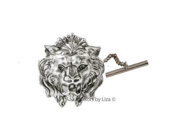 3D Roaring Lion Head Tie Pin Antique Sterling Silver Plated | Etsy