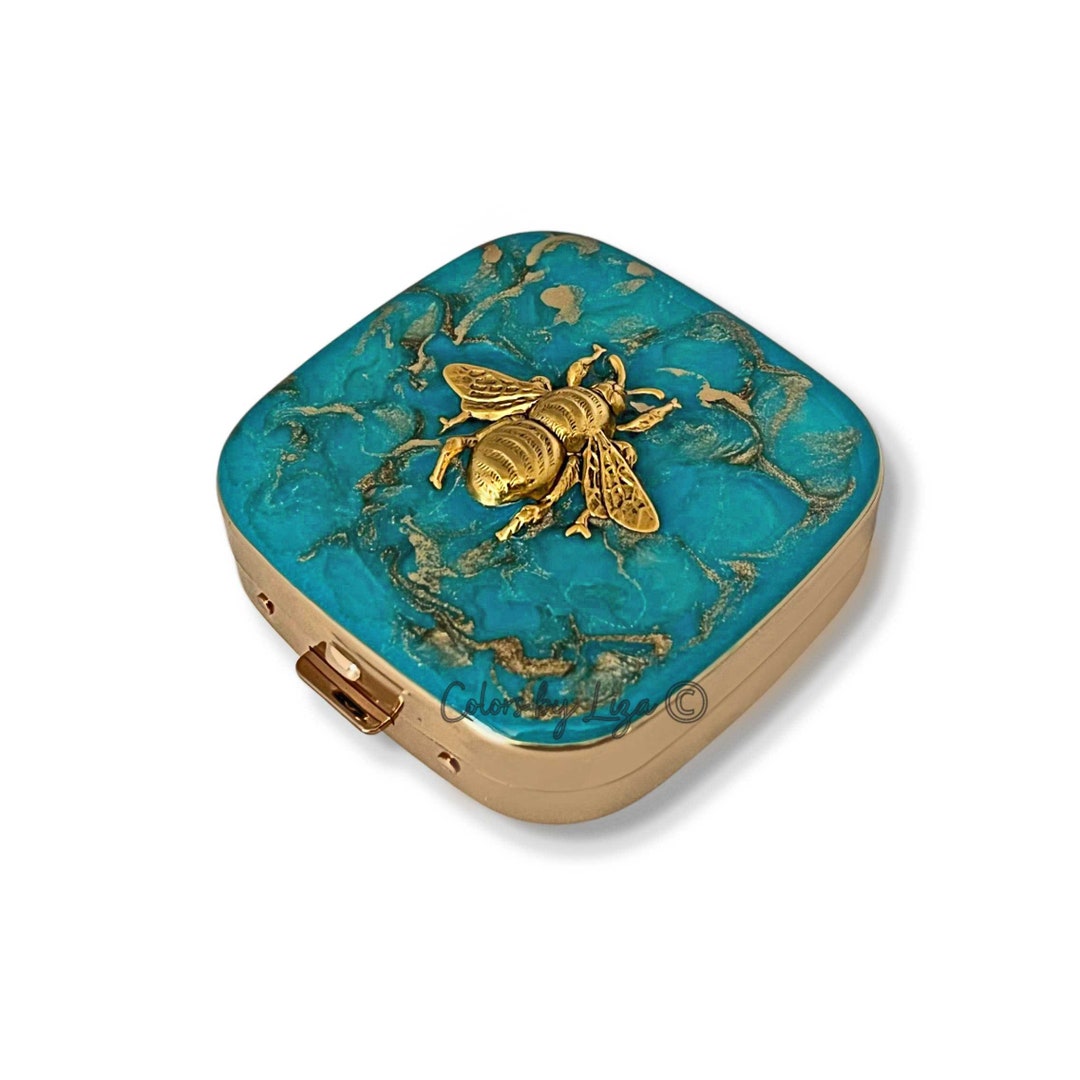 Antique Gold Bee Pill Box: Hand-painted Turquoise Enamel, Personalized ...
