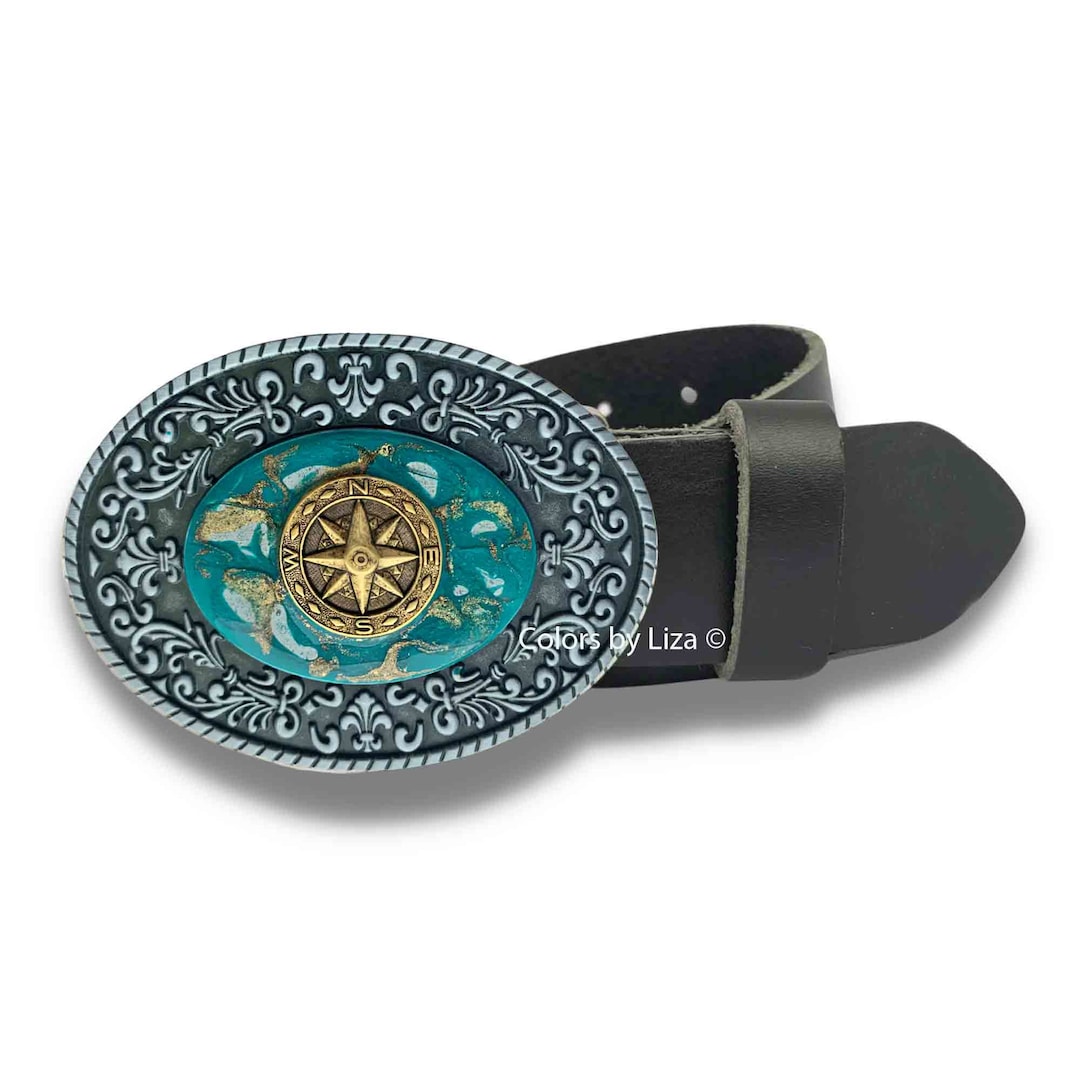 Compass Medallion Belt Buckle Inlaid in Hand Painted Teal Quartz ...