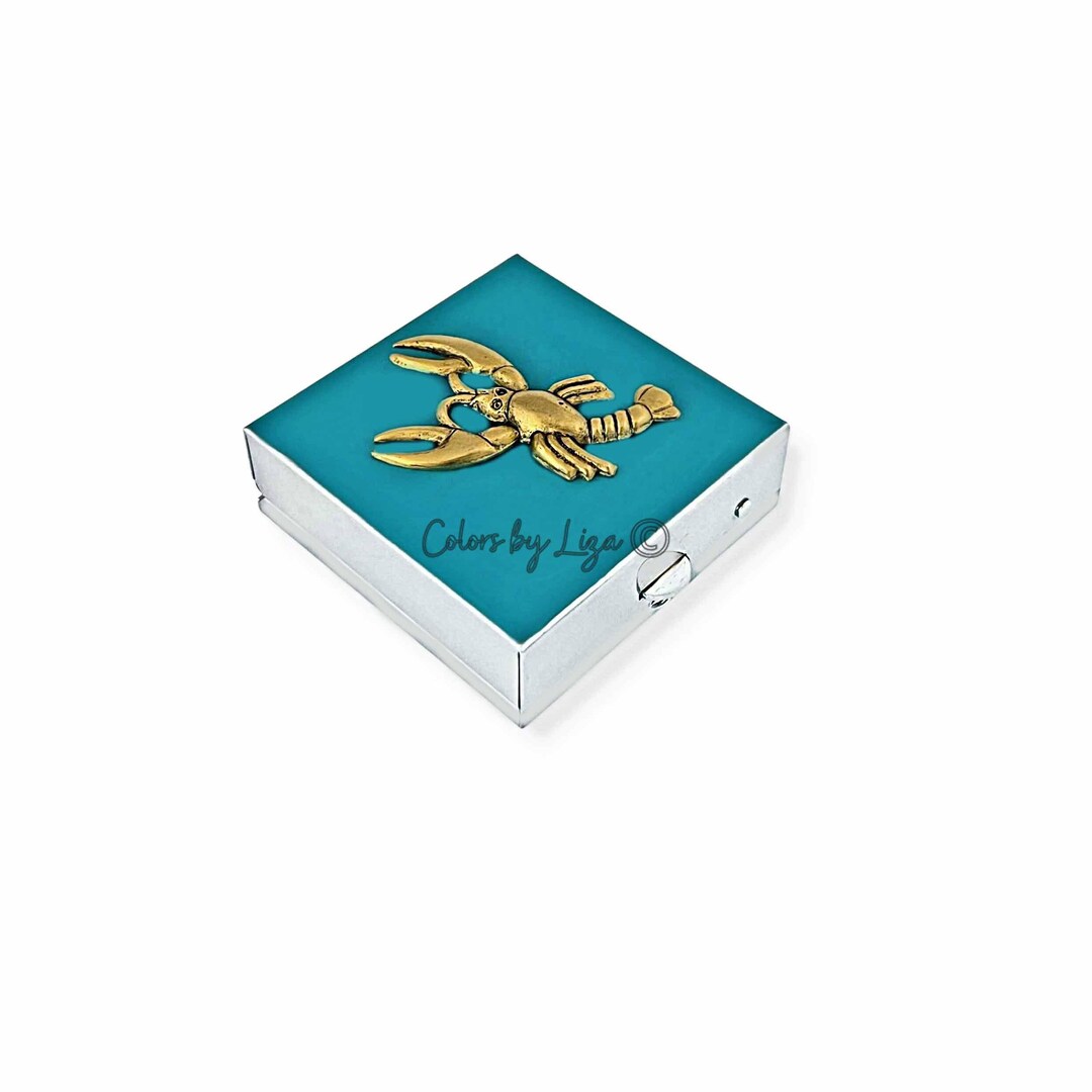 Hand Painted Lobster Pill Box: Antique Gold Turquoise Enamel ...