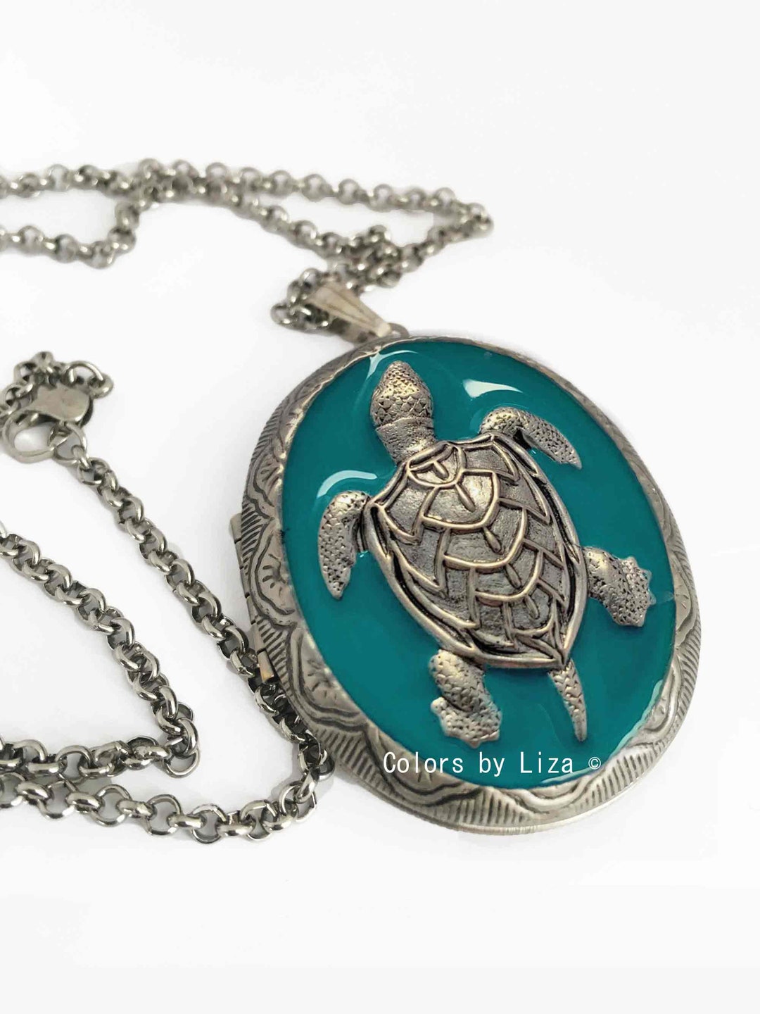 Sea Turtle Locket Necklace: Hand Painted Teal Enamel, Pill Box ...