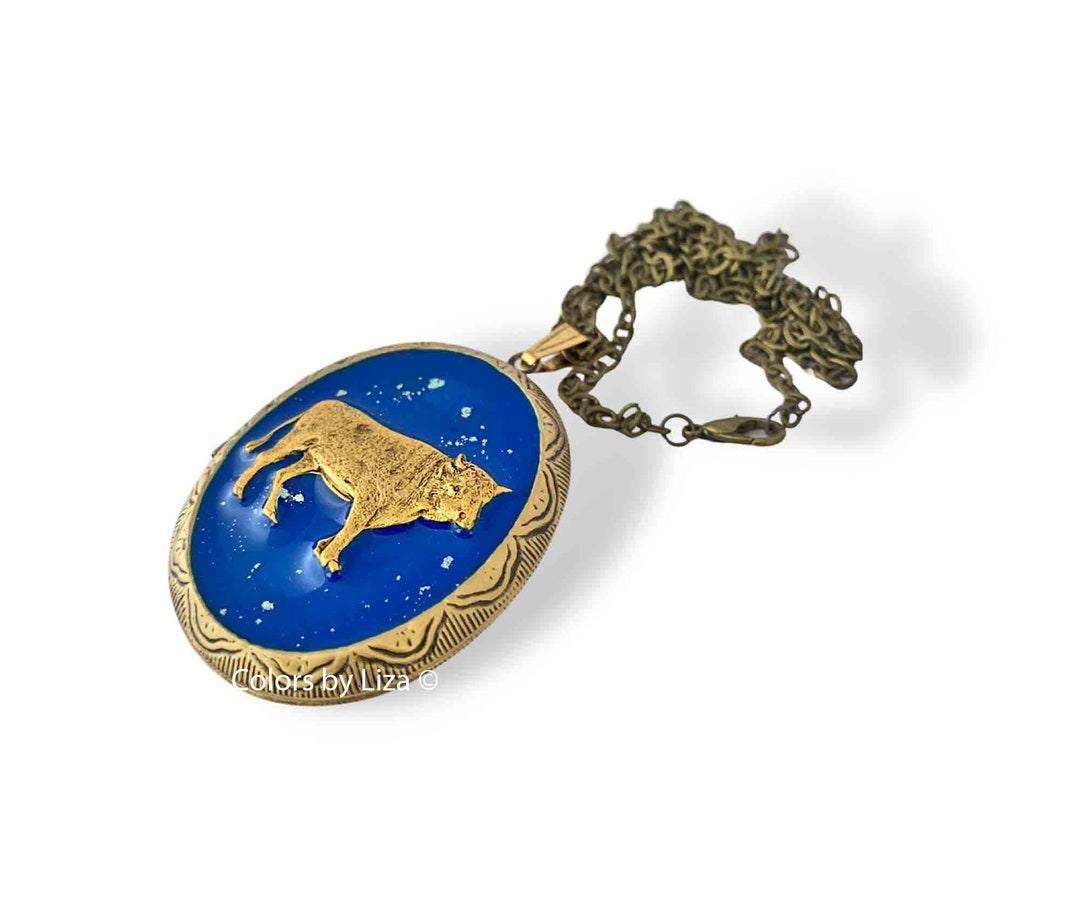 Taurus Pill Box Necklace Inlaid in Hand Painted Cobalt Blue Glossy ...