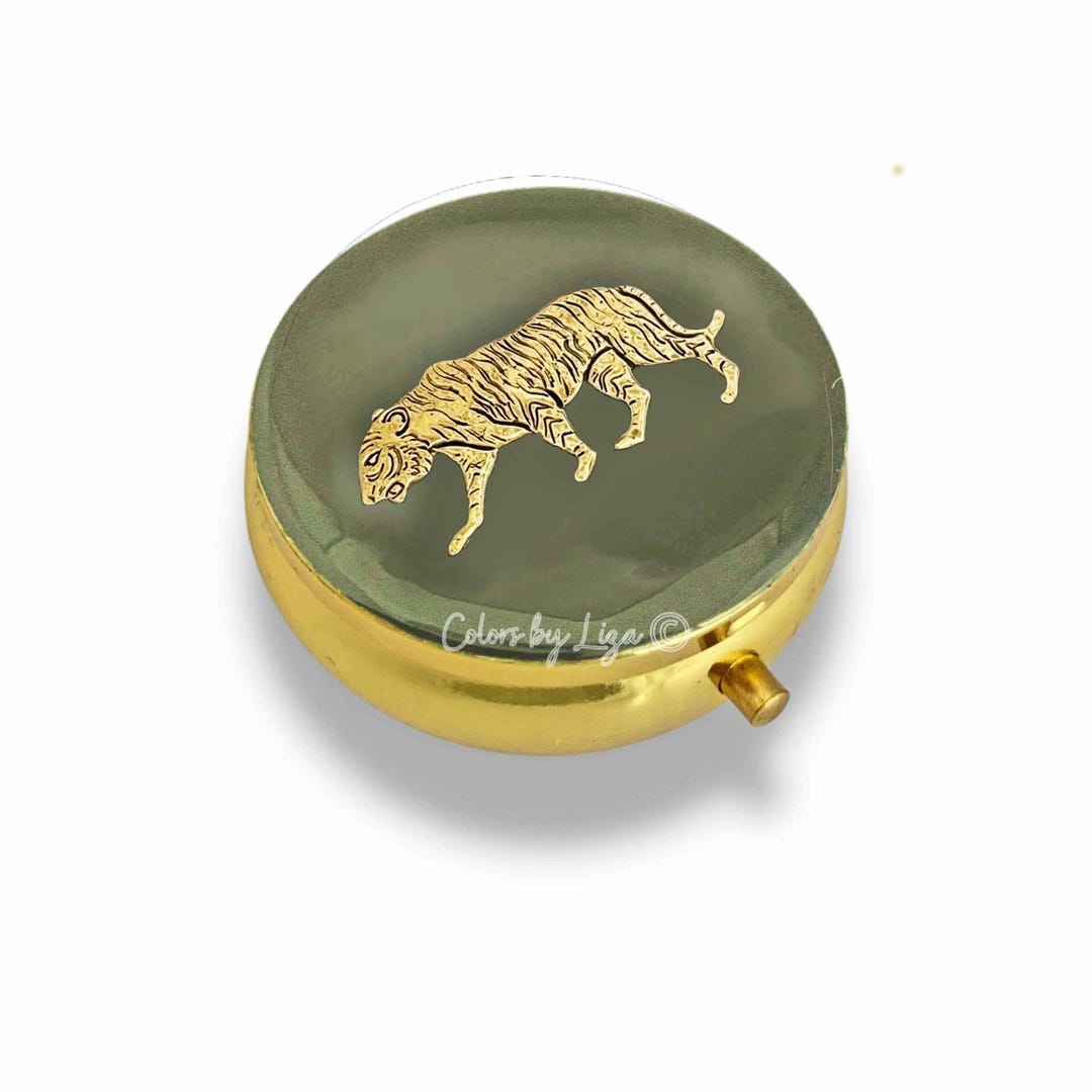 Tiger Pill Box: Antique Gold, Enamel, Sand Beige Personalized - Etsy
