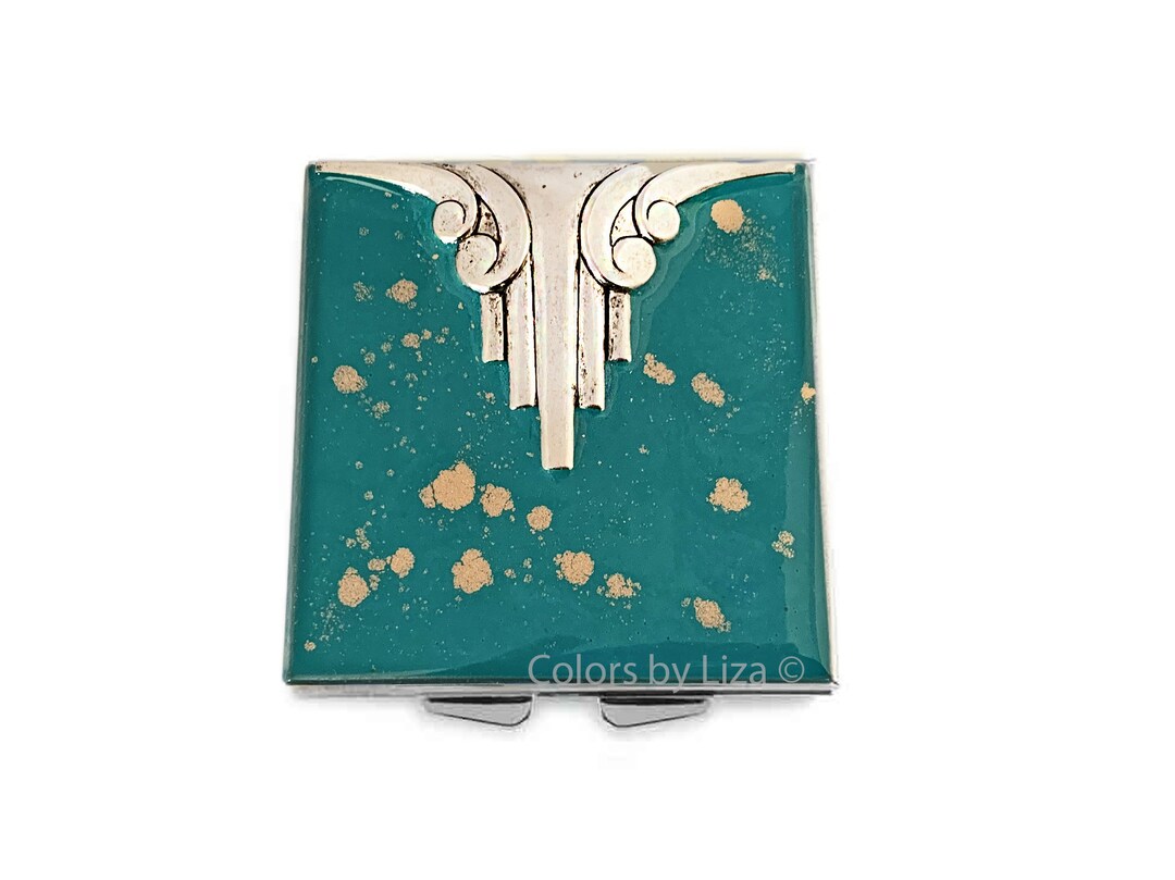 Art Deco Pill Box: Hand Painted Teal Enamel, Personalized Option - Etsy