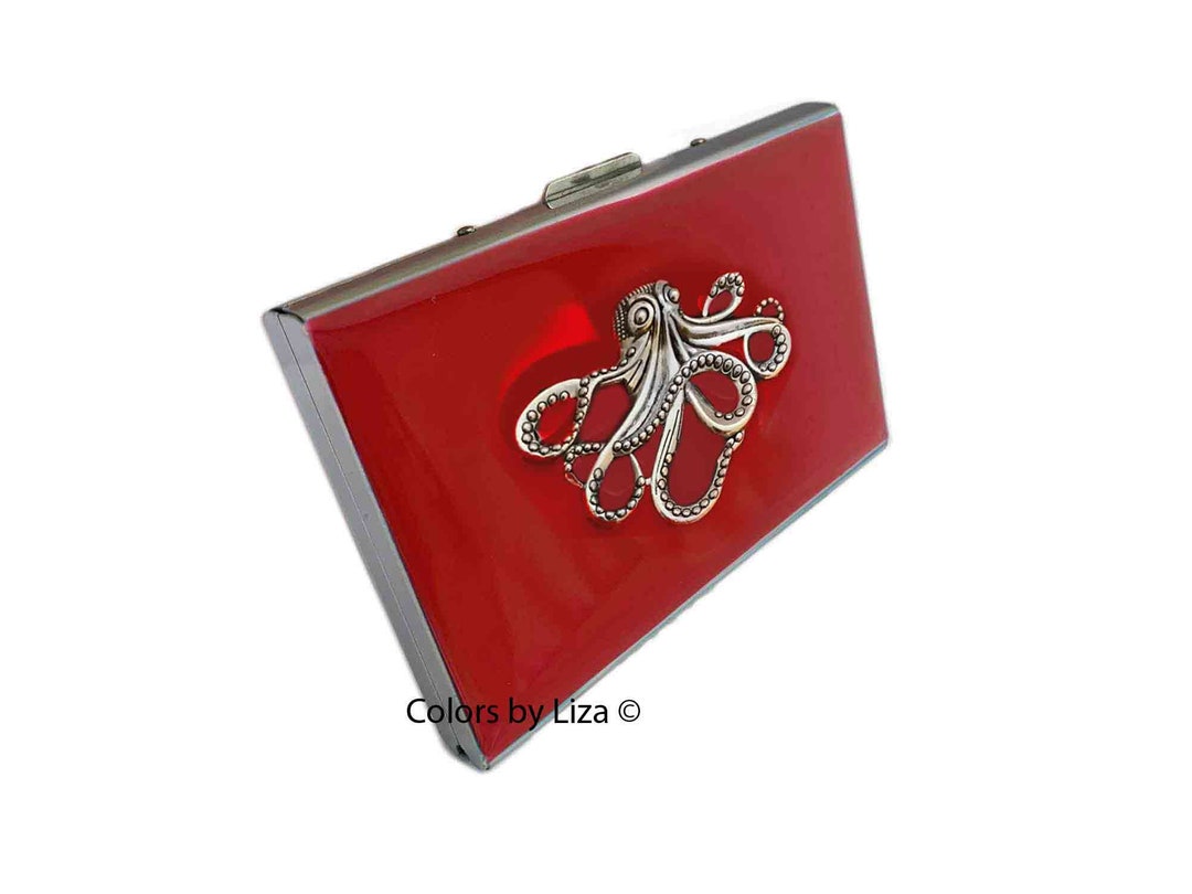 Octopus Wallet With Credit Card Organizer RFID Blocker Hand Painted Red ...