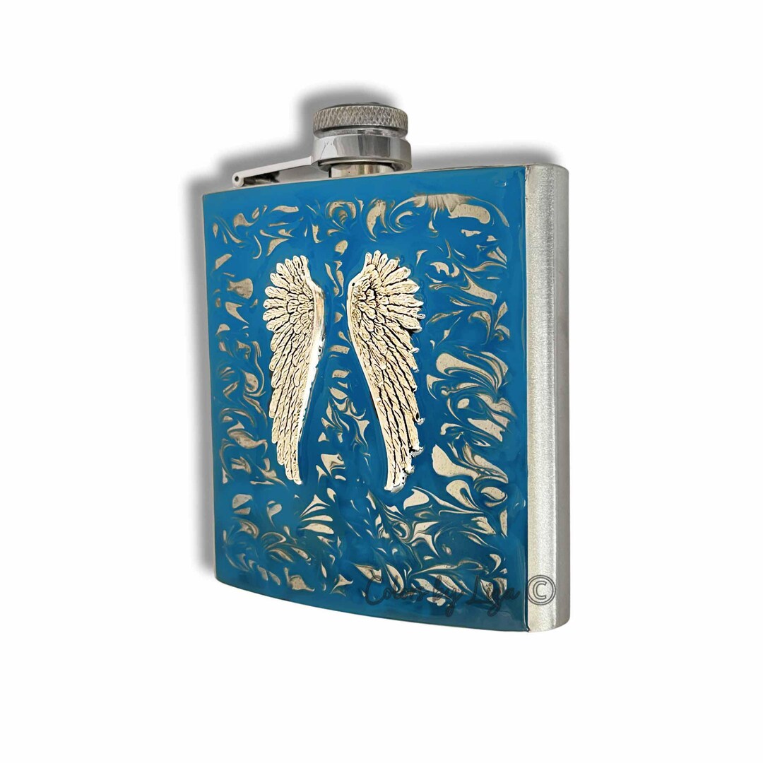 Silver Wings Flask, Turquoise Swirl Enamel, Personalized Gift - Etsy