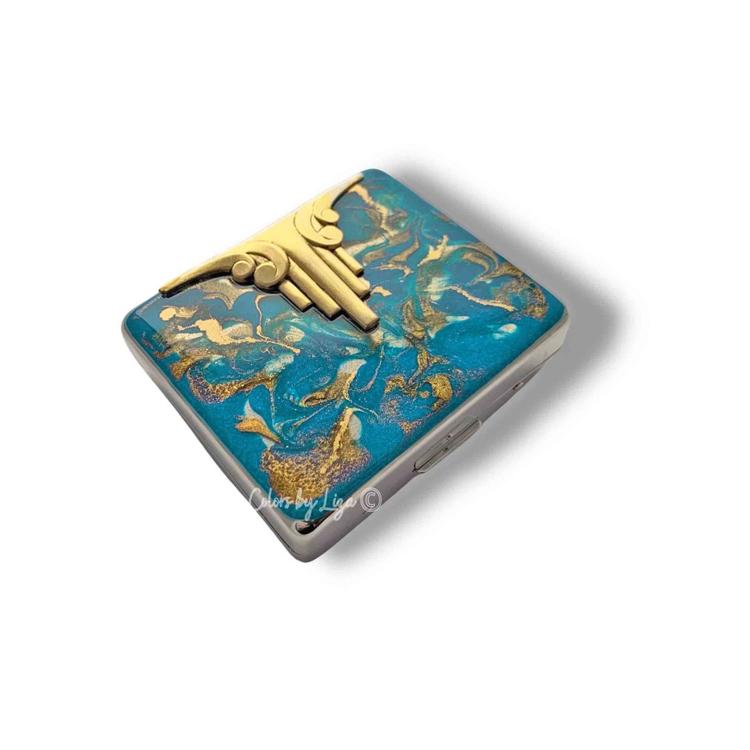 Art Deco Turquoise Pill Box: Gold Enamel, Personalized Option - Etsy