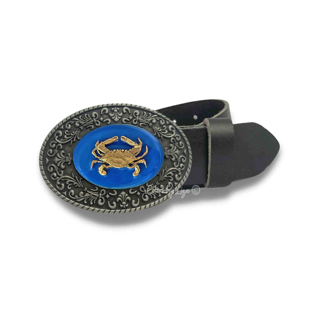 Antique Gold Crab Belt Buckle: Hand Painted Cobalt Enamel, Nautical Art ...