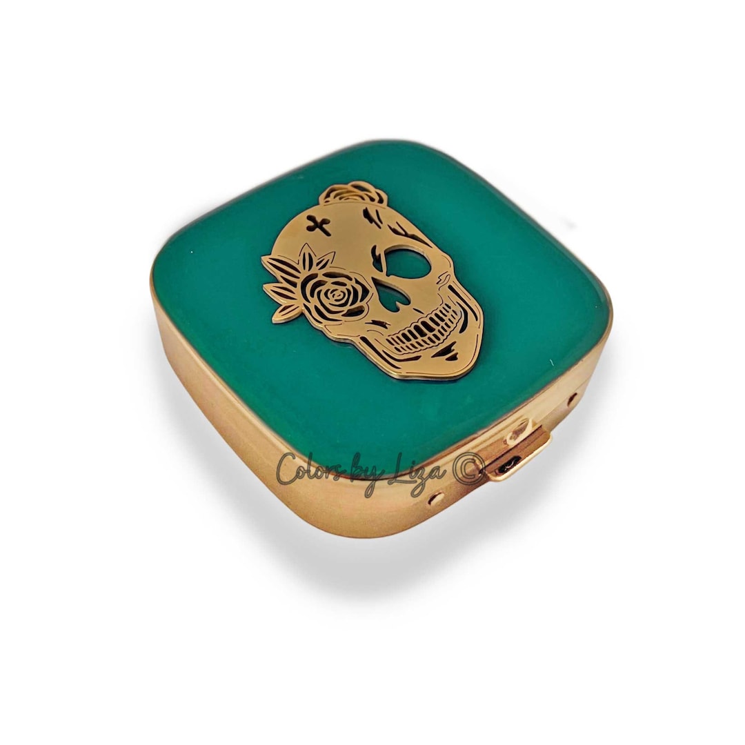 Gold Sugar Skull Pill Box: Teal Enamel, Gothic Style, Personalized ...