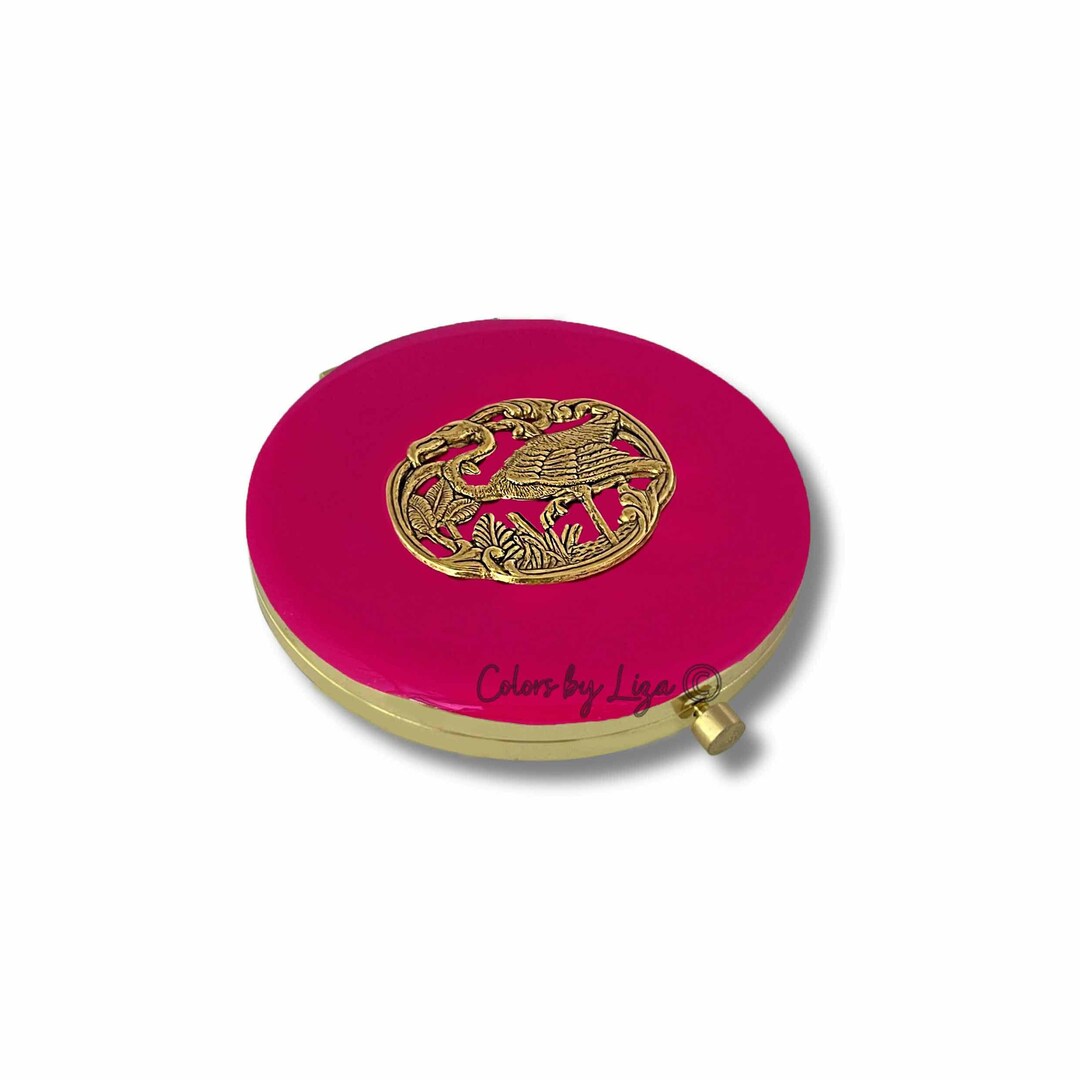 Flamingo Compact Mirror Inlaid in Hand Painted Glossy Fuchsia Pink ...