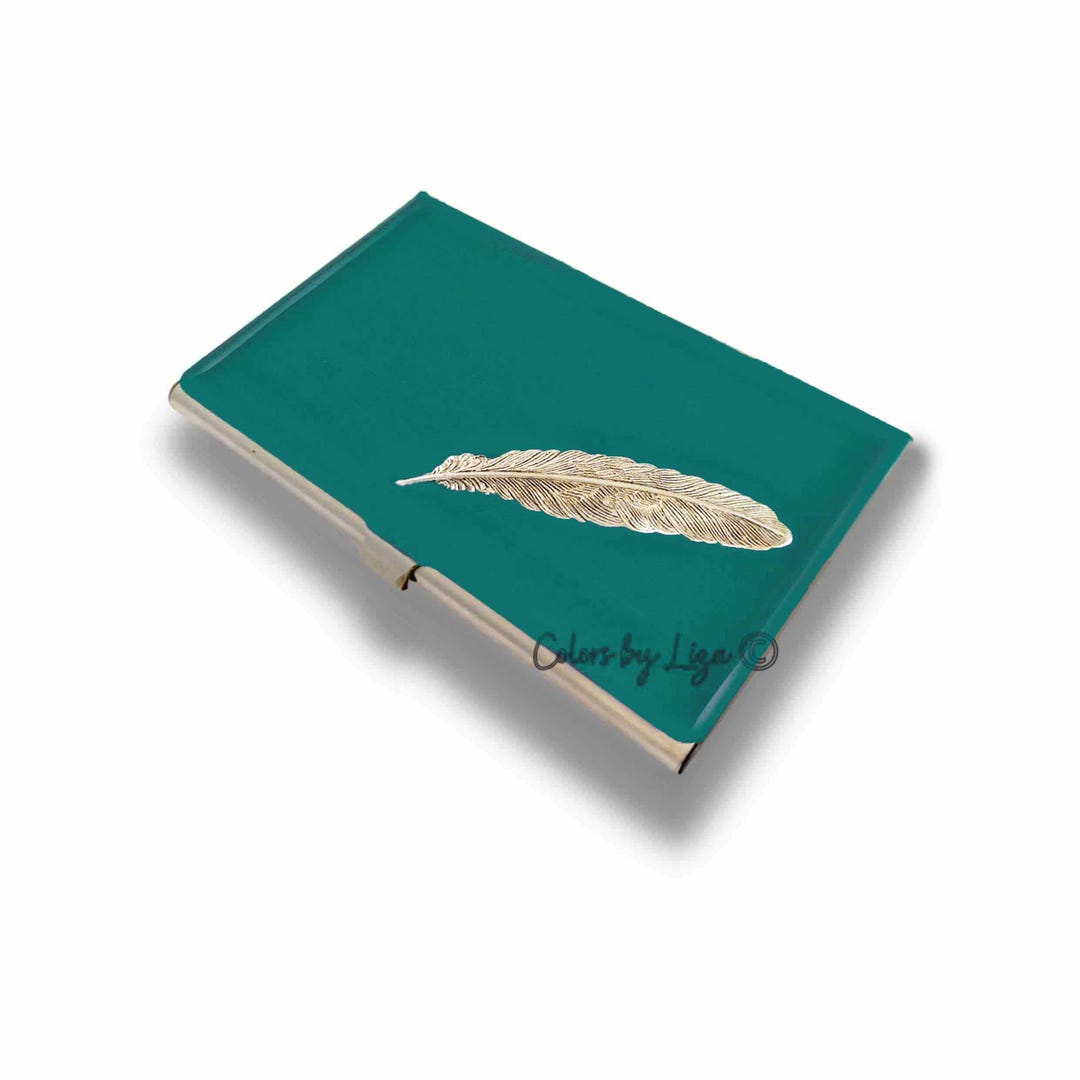 Hand Painted Teal Enamel Card Case: Art Nouveau Feather Inlay - Etsy