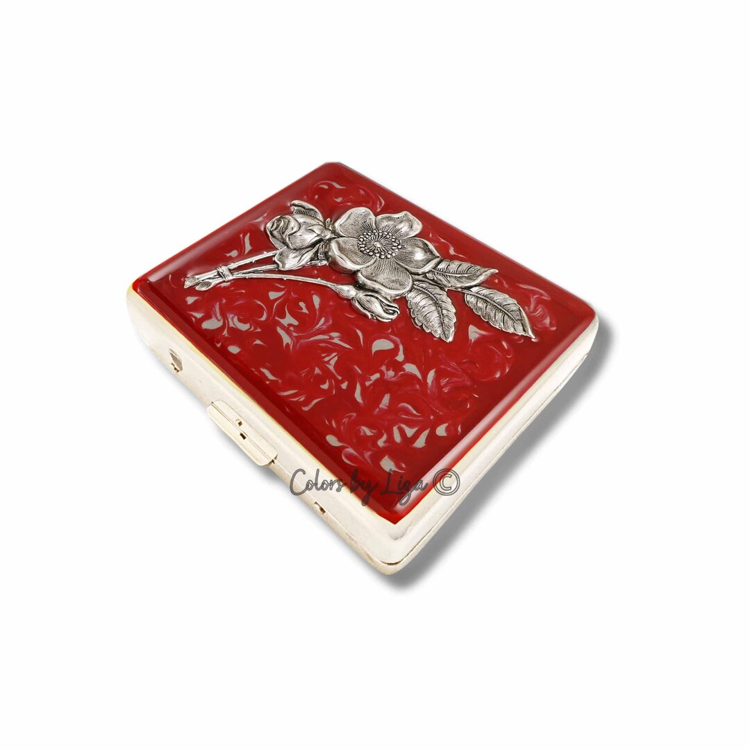 Silver Rose Pill Box: Victorian Red Swirl Enamel, Personalized Option ...