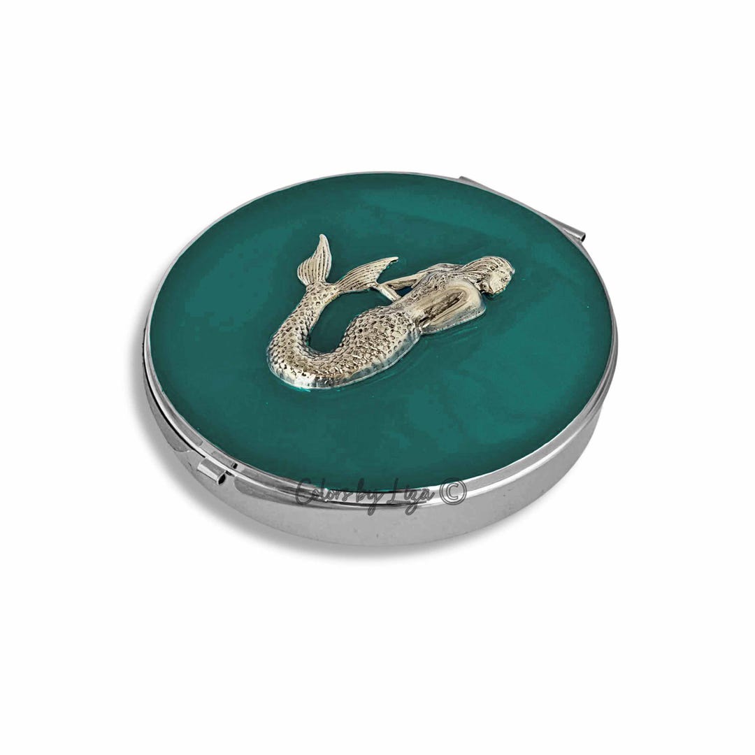Antique Silver Mermaid Pill Box: Hand Painted Teal Enamel, Personalized ...