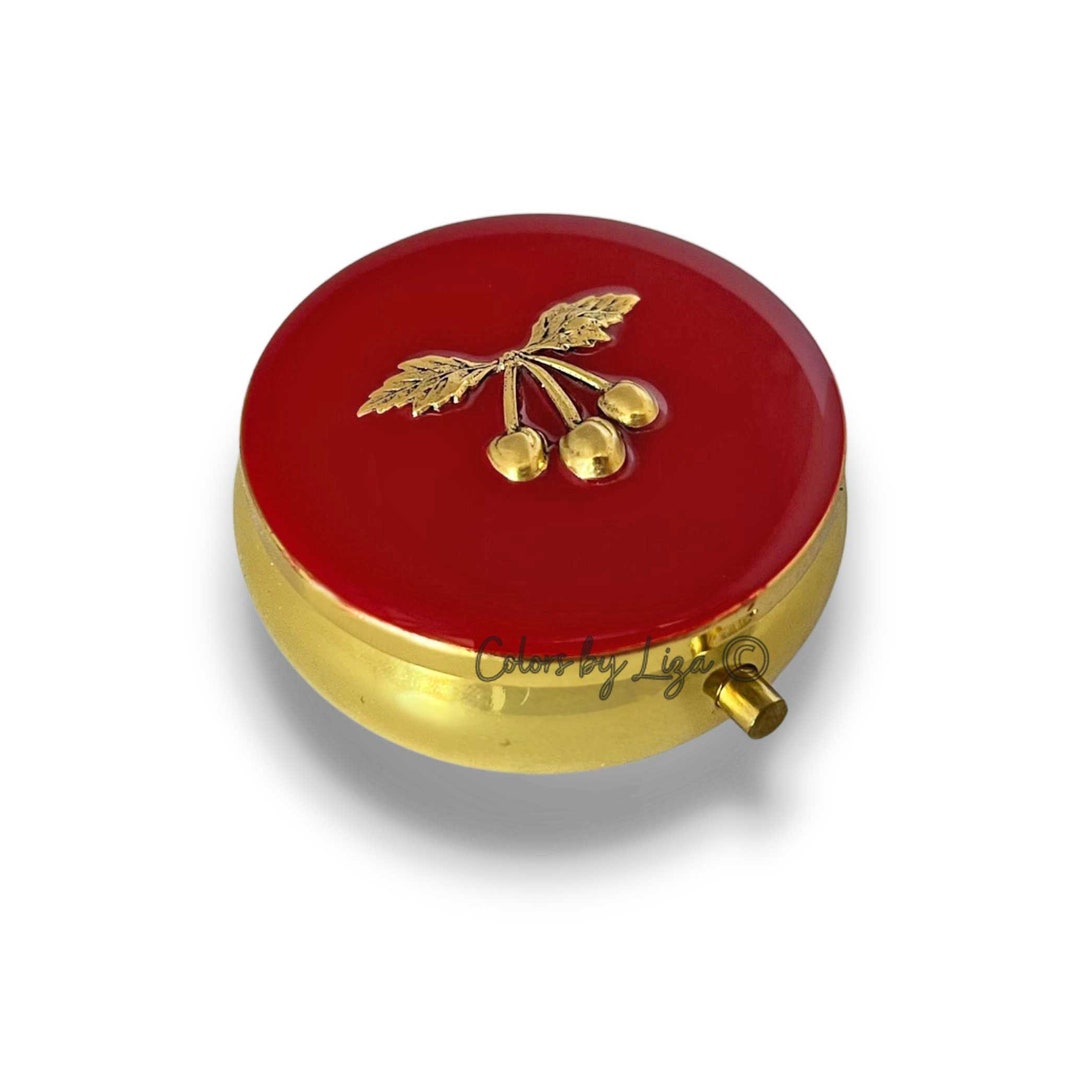 Antique Gold Cherry Pill Box Inlaid in Hand Painted Red Opaque Enamel ...