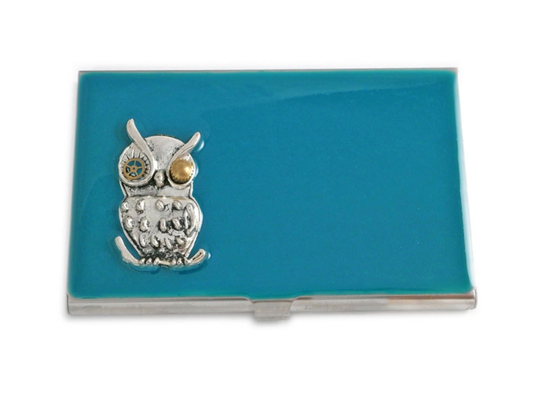 Hand Painted Turquoise Enamel Card Case: Mechanical Owl Cyberpunk ...