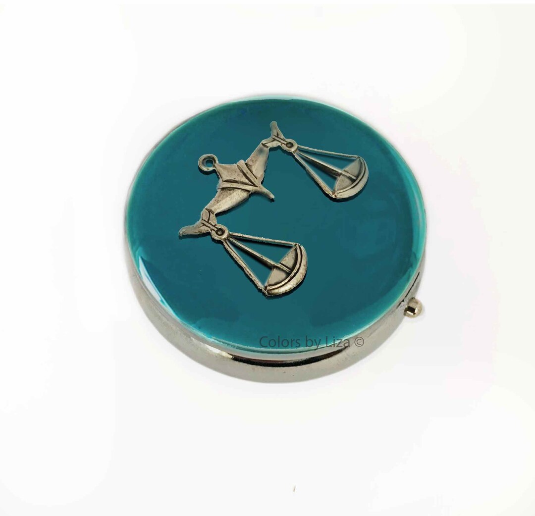 Libra Pill Box Inlaid in Hand Painted Glossy Teal Enamel Zodiac ...