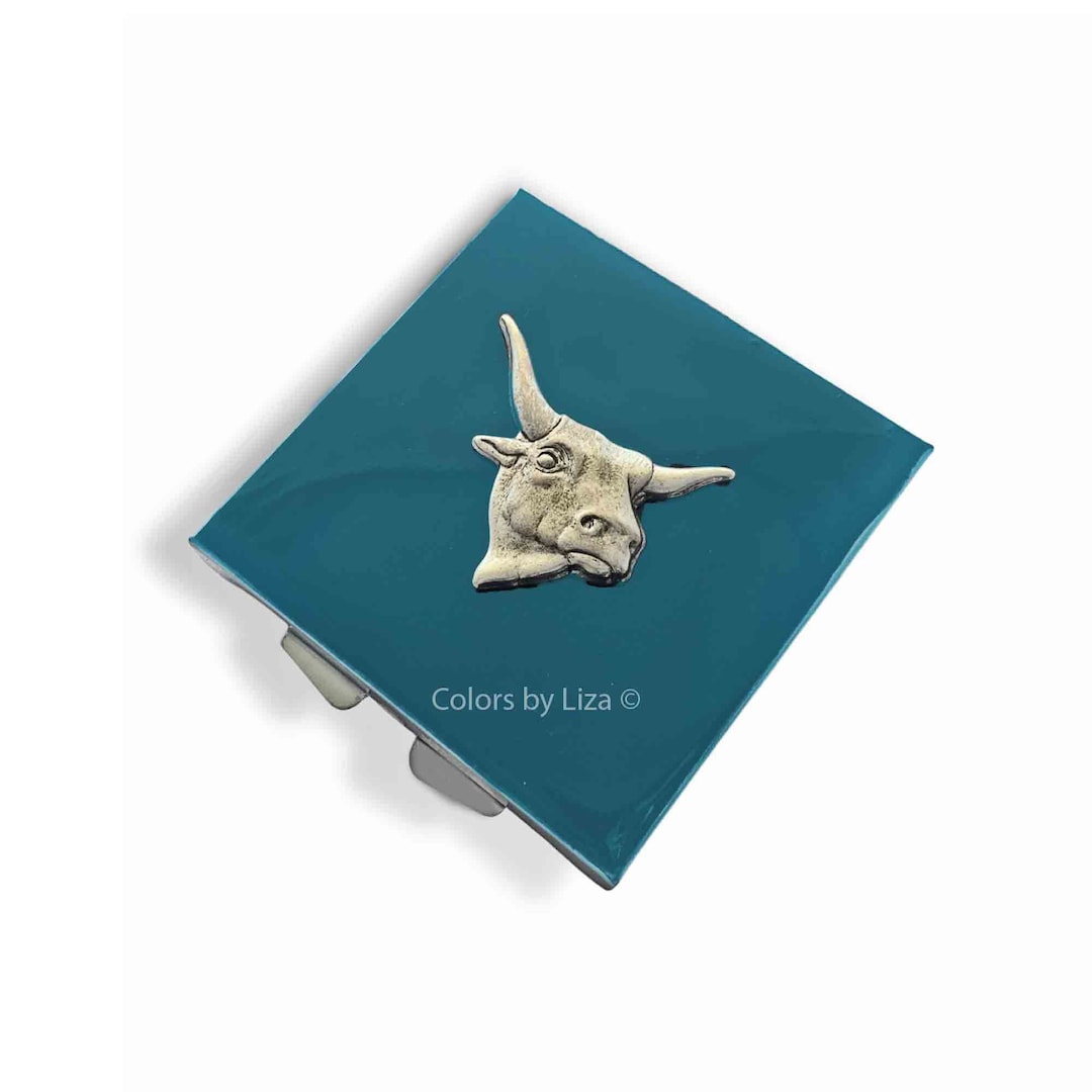 Taurus Pill Box Inlaid in Hand Painted Glossy Turquoise Blue Opaque ...