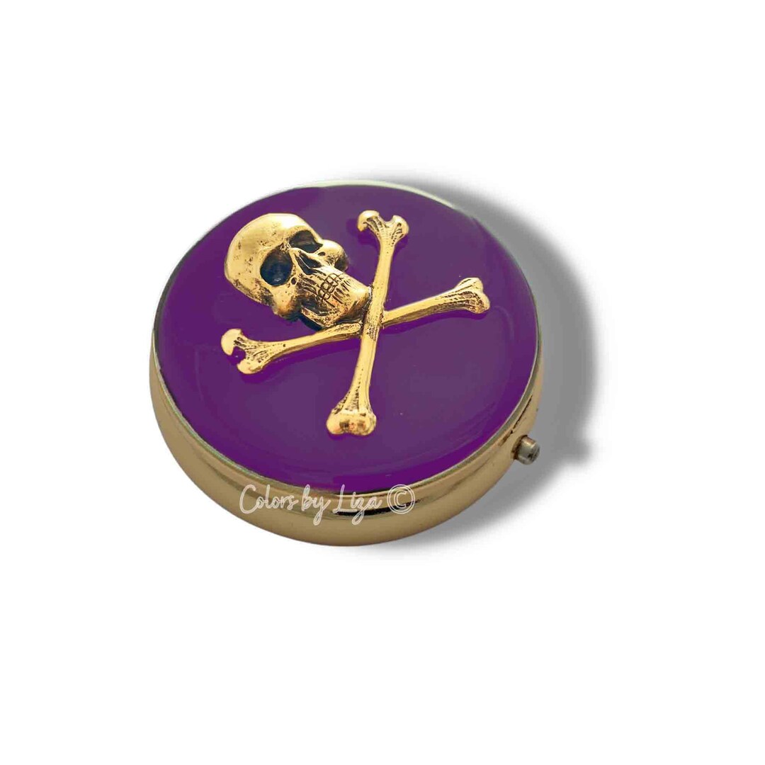 Hand Painted Skull Pill Box: Antique Gold, Purple Enamel, Personalized ...
