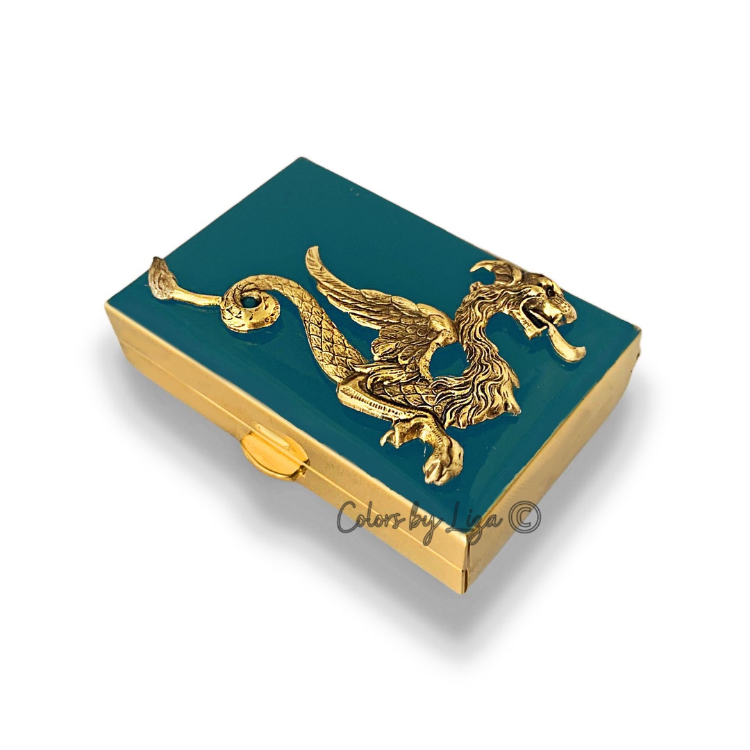 Antique Gold Dragon Pill Box Inlaid in Hand Painted Teal Enamel Vintage ...