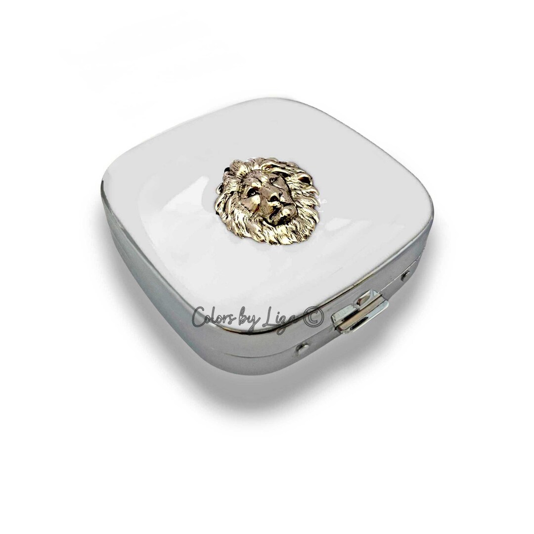 Antique Silver Lion Head Pill Box With Mirror Inlaid in Glossy White ...