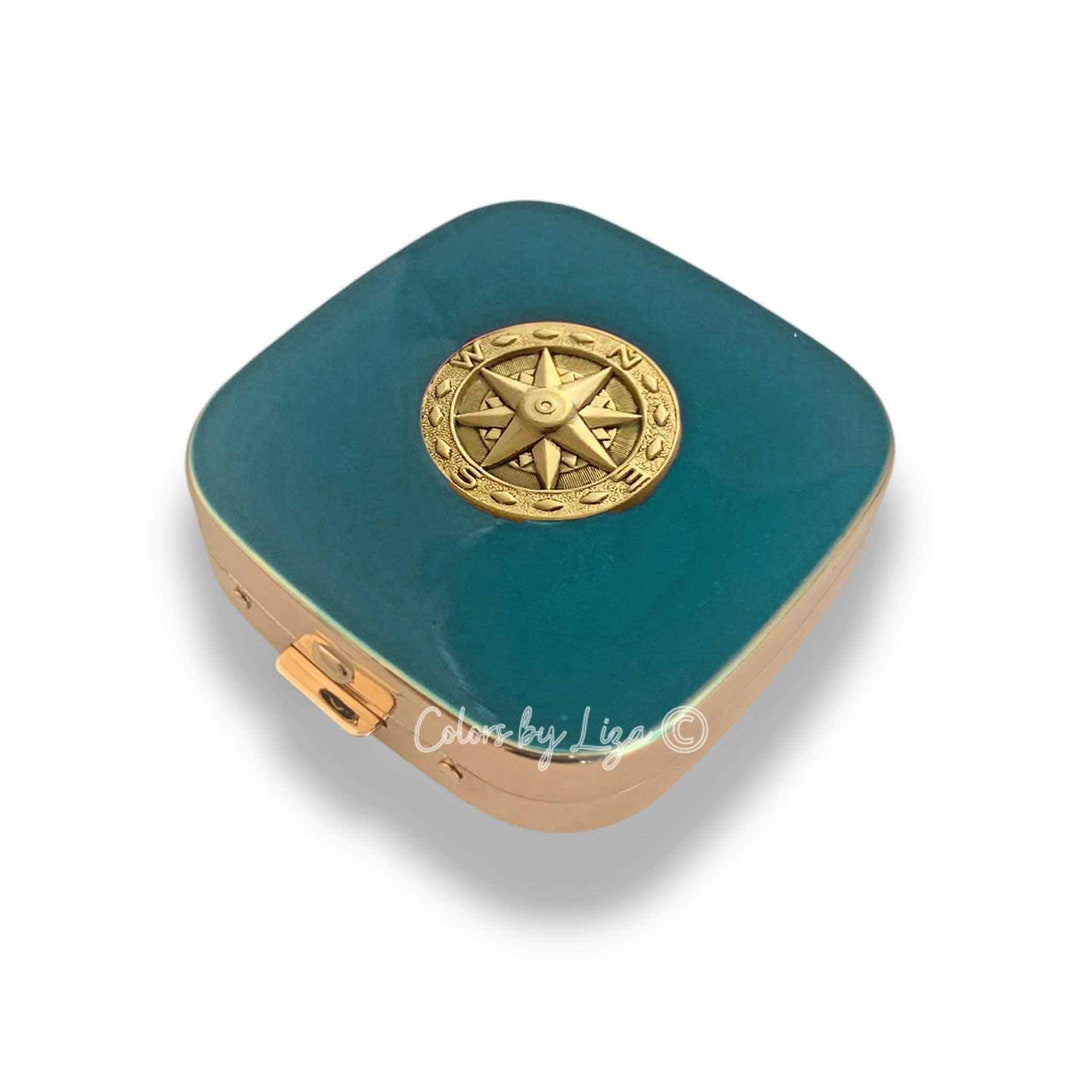 Teal Enamel Pill Box: Rose Compass Nautical Design, Personalized Option ...