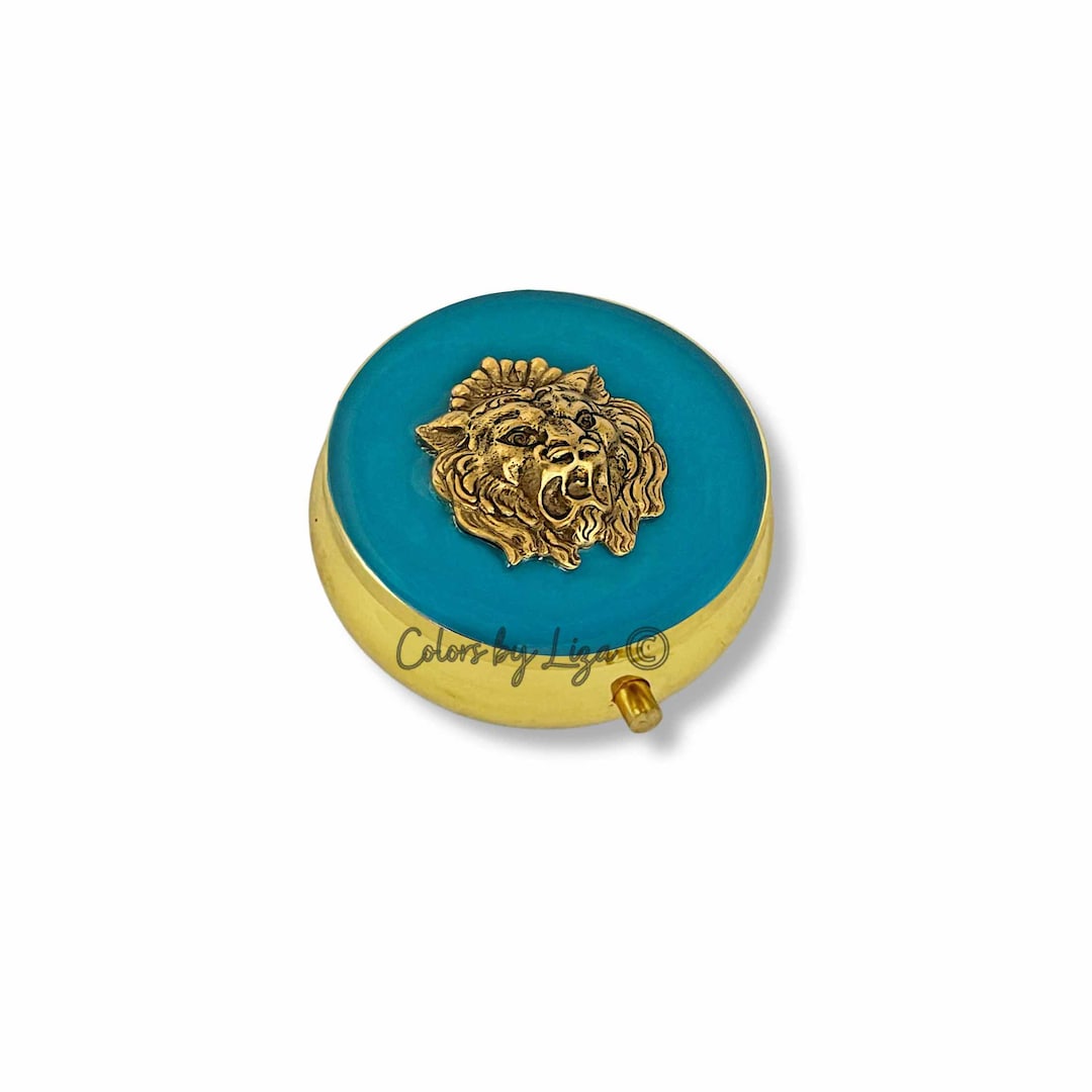Antique Gold Lion Pill Box: Hand Painted Turquoise Enamel, Personalized ...