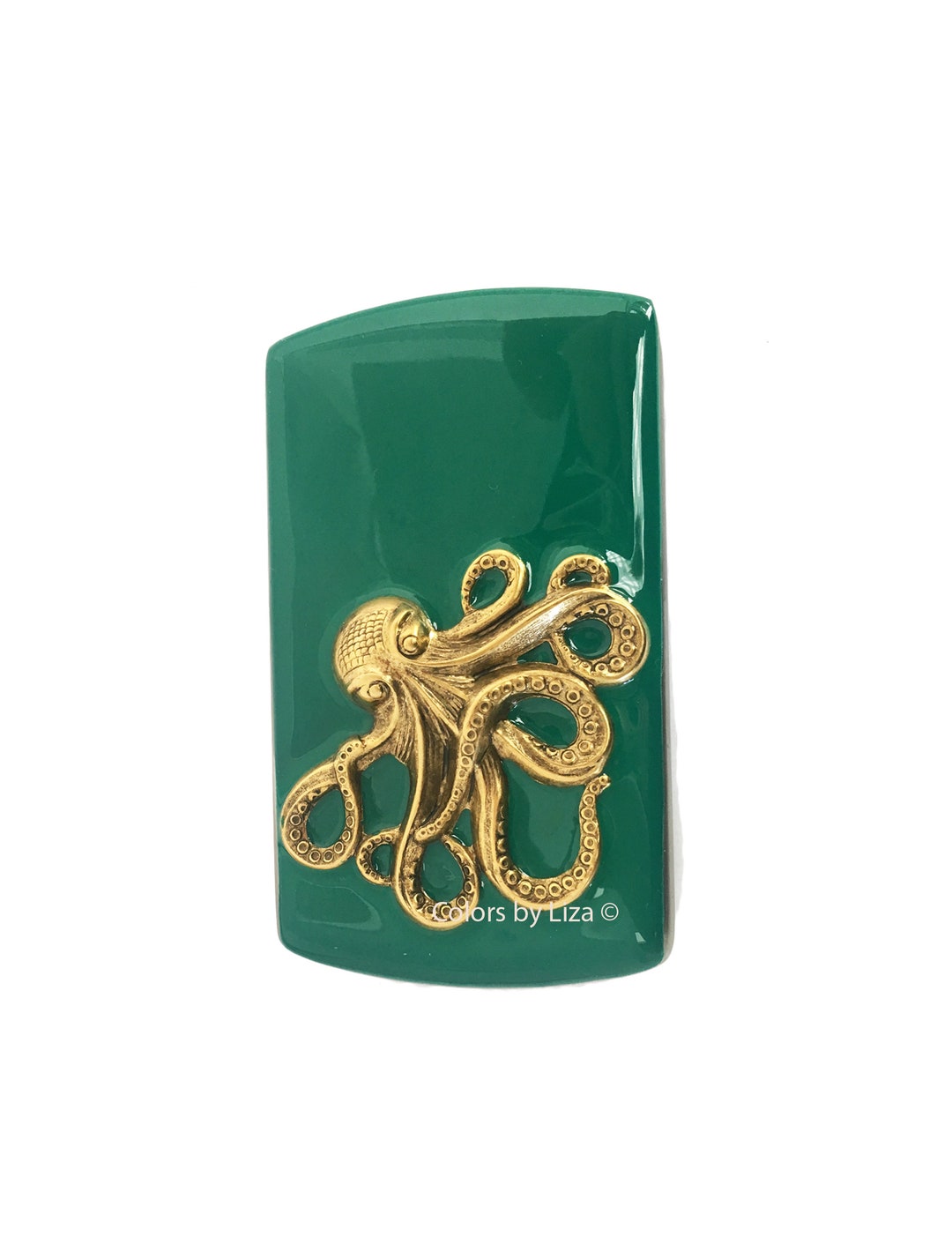 Octopus Card Case: Hand Painted Green Enamel, Personalized Vertical ...