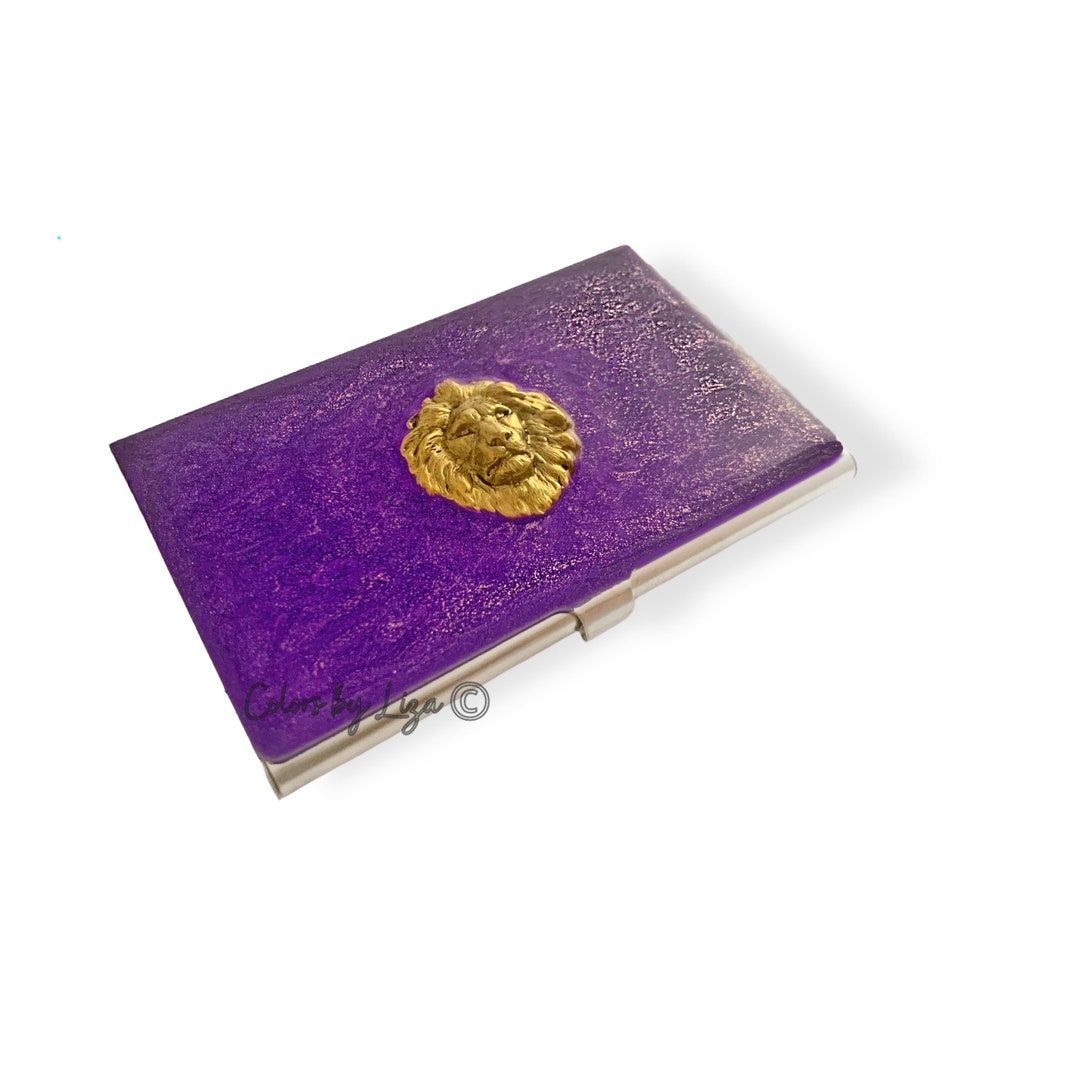 Hand Painted Lion Business Card Case: Antique Gold, Purple Metallic ...