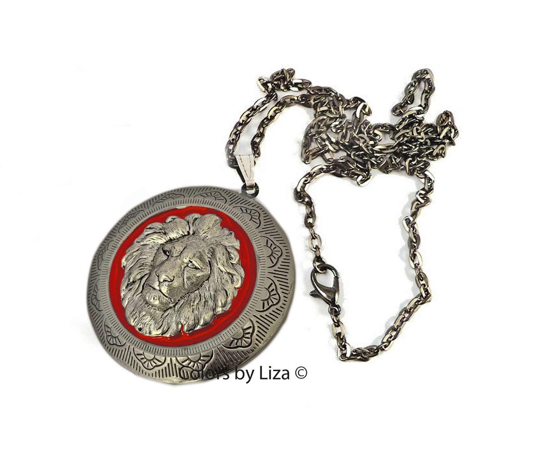 Lion Locket Necklace: Hand Painted Red Enamel Pill Box, Personalized ...