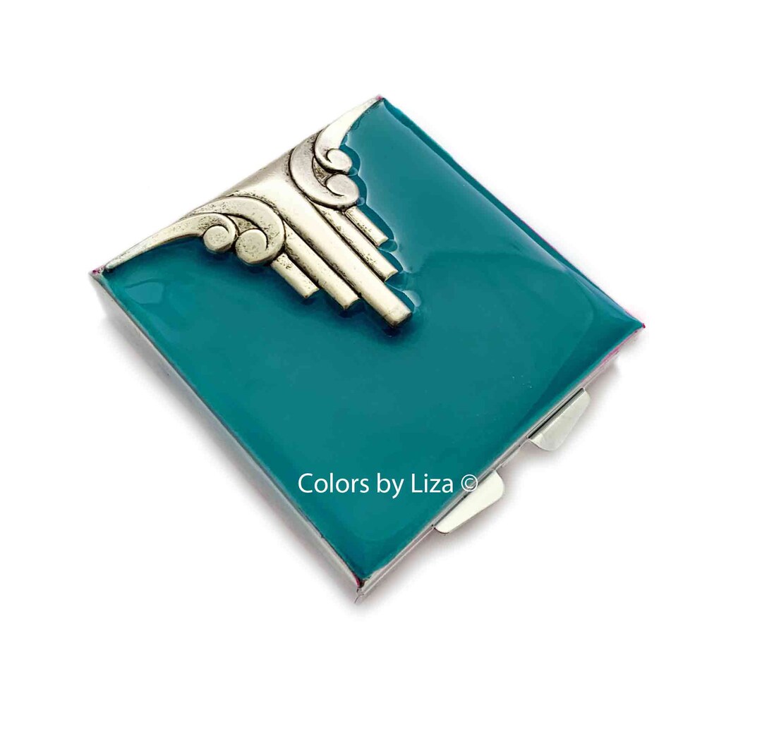 Art Deco Pill Box: Hand Painted Teal Enamel, Personalized Option - Etsy