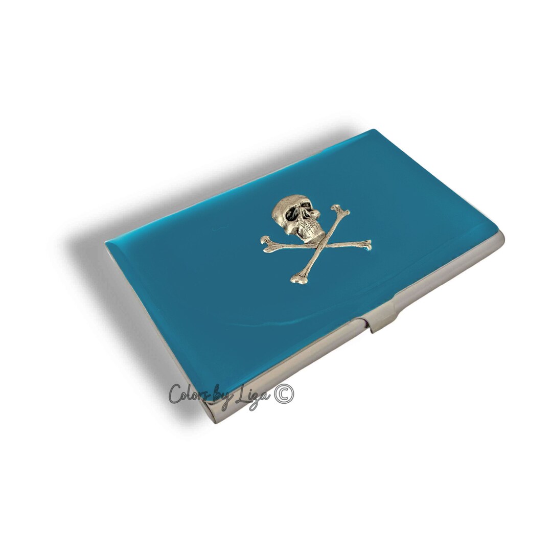 Hand Painted Turquoise Card Case: Antique Silver Skull & Crossbones - Etsy