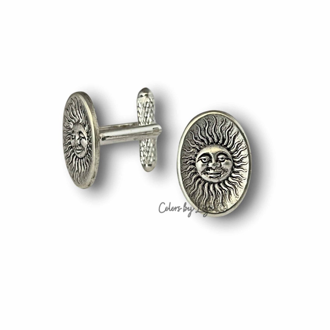 Sun Cuff Links: Antique Sterling Silver Plated Solar Disc, Tie Clip Set ...
