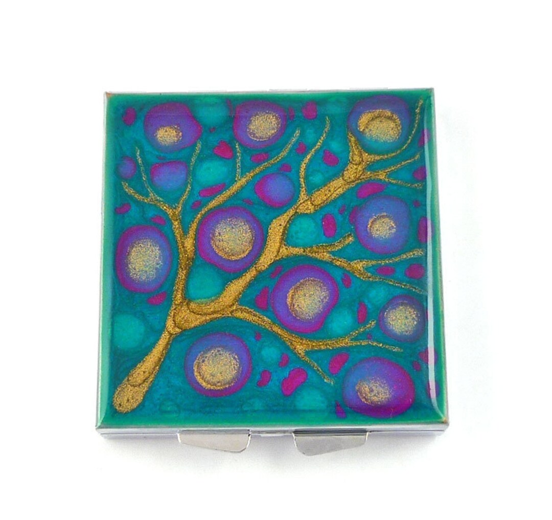 Hand Painted Blossom Pill Box: Fuchsia Turquoise Enamel, Personalized ...